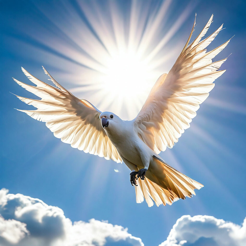 "Flying white parrot, corella, with a …" — image created in Shedevrum