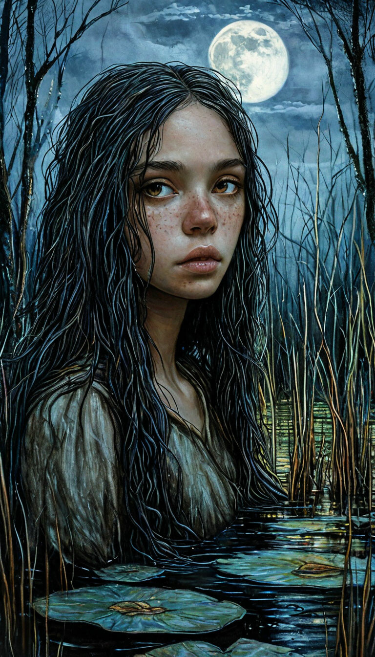 "Close-up of the swamp night moonlight reeds, A girl with very long ...