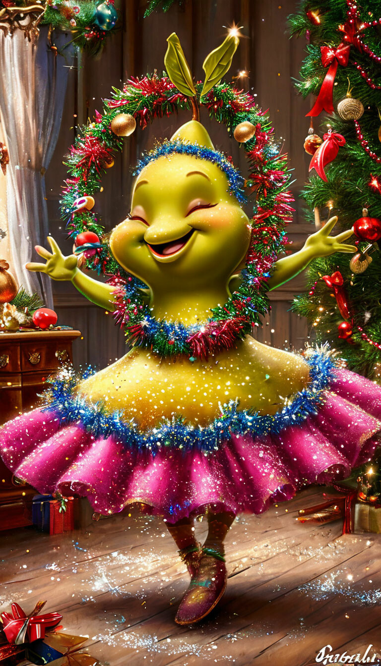 "Glamorous anthropomorphic pear in a wreath of tinsel and a dress of ...