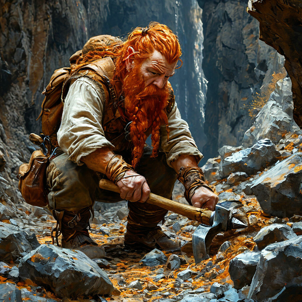 "The red-haired dwarf is working with a pickaxe in the mine" — image ...