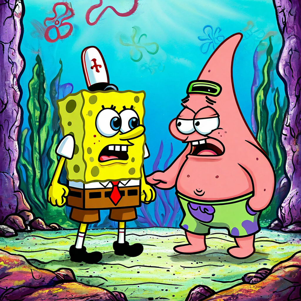 "Spongebob and Patrick go to fight" — image created in Shedevrum