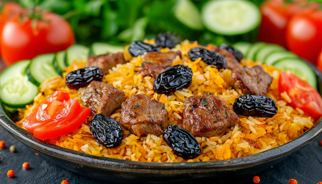 "Pilaf pilaf on a beautiful flat dish…" — image created in Shedevrum