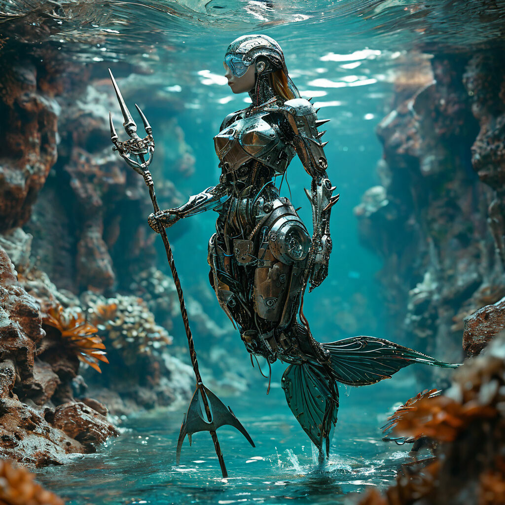 "Biohacking,metal,spikes,robot mermaid…" — image created in Shedevrum
