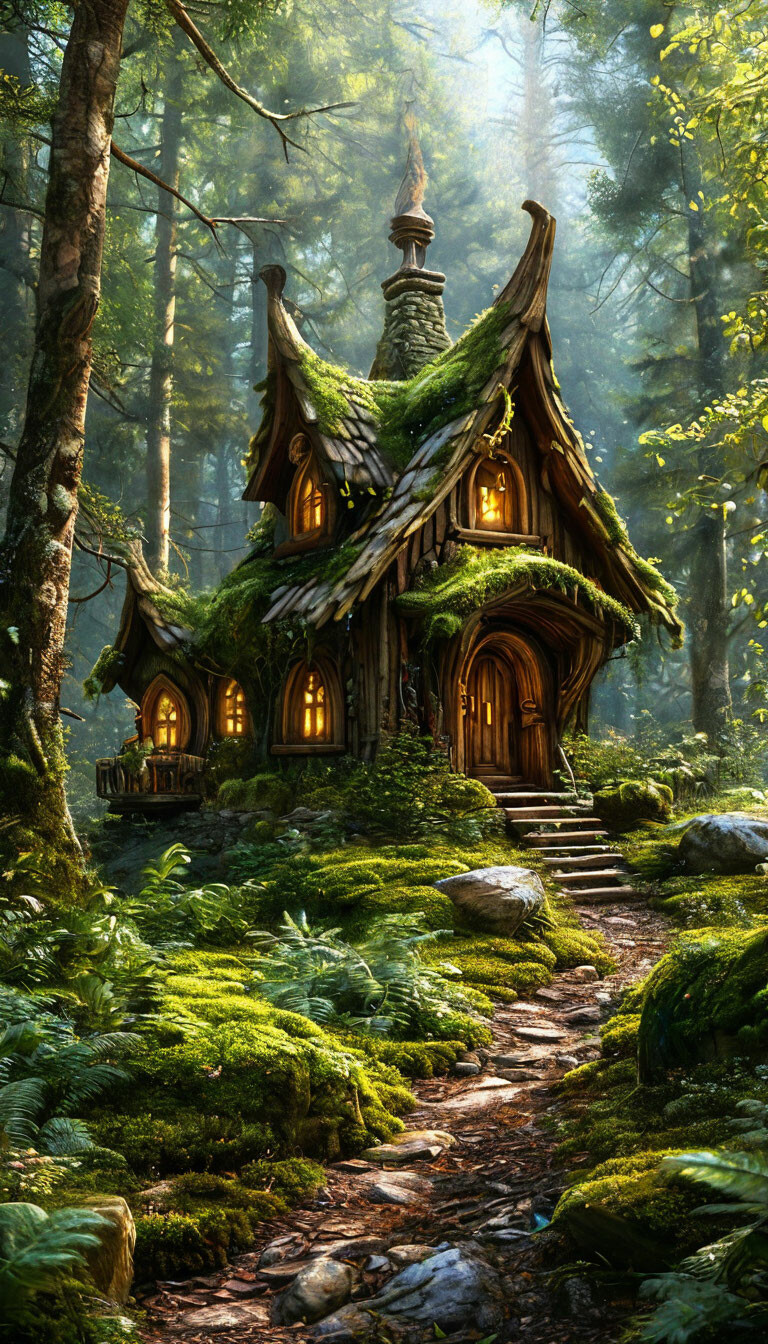 "Fairy forest, Yaga's hut, moss, radiance, fantasy, beauty" — image created in Shedevrum