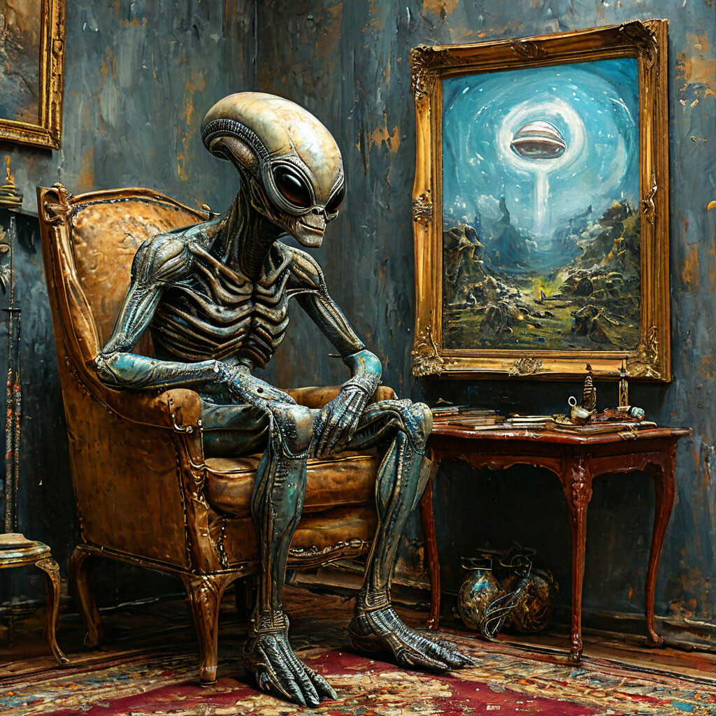 A large magical alien is sitting …" — image created in Shedevrum