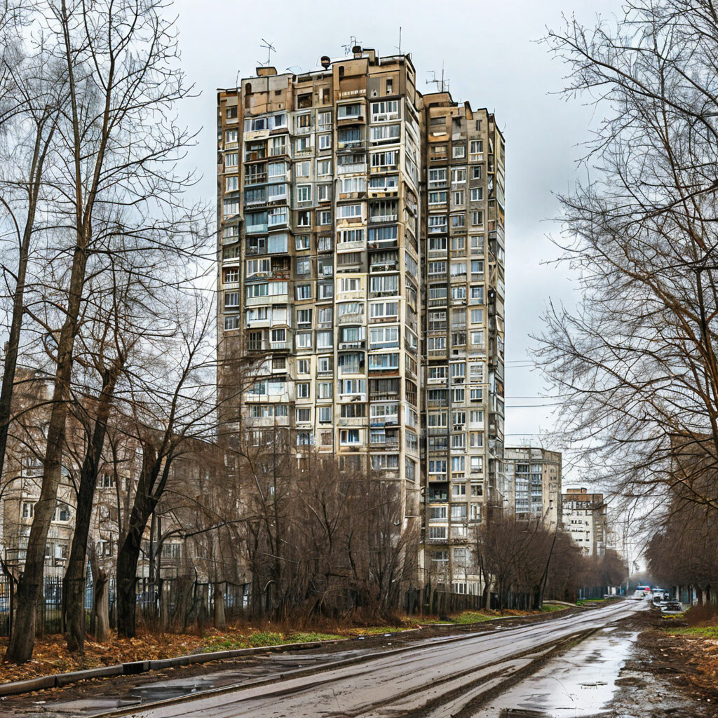 "A large old panel high-rise building , cloudy , bare trees, dirty road ...
