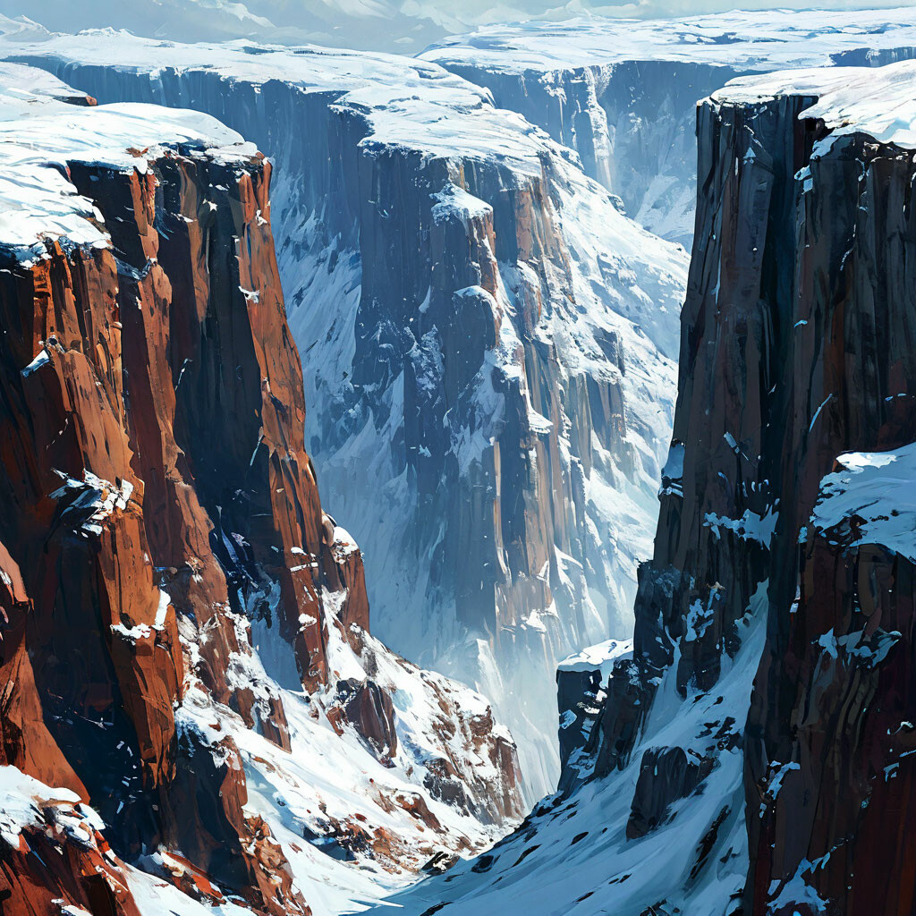 "Between snow cliffs, giant white demon, haze, horror, gloomy, horror ...