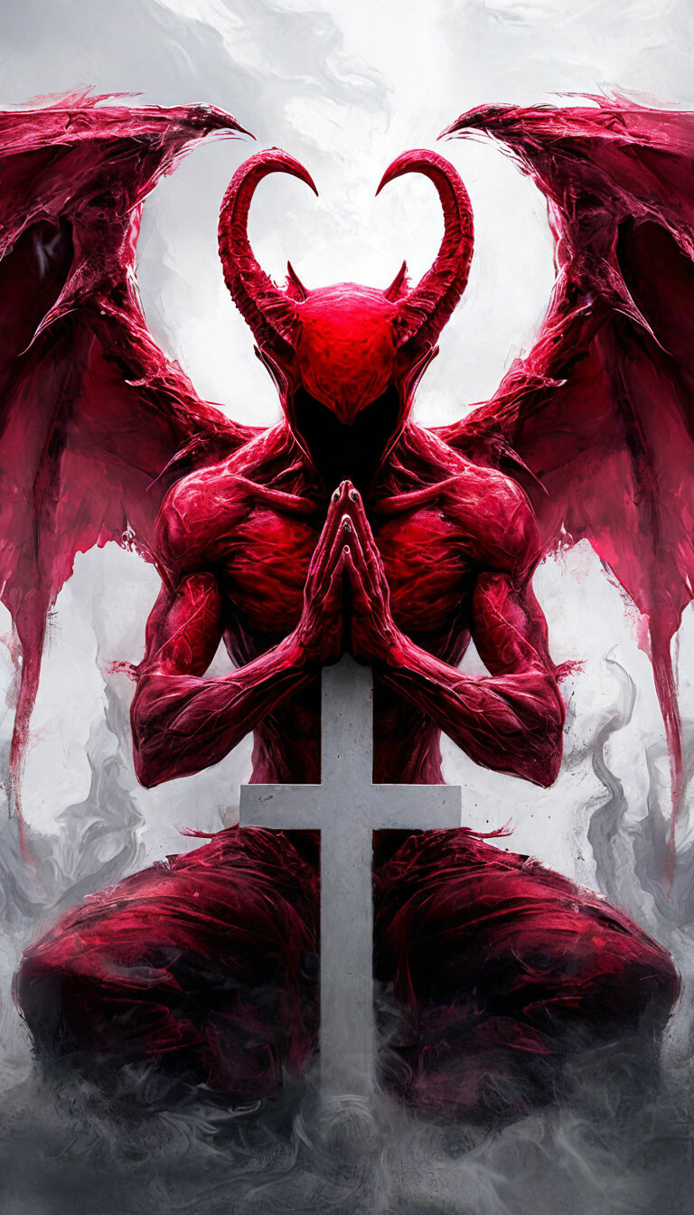 "🤍 A terrifying faceless red demon …" — image created in Shedevrum