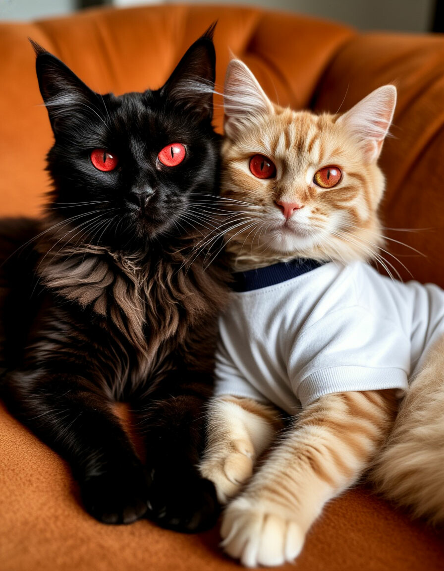 "Demonic cat, tall, short ruffled black fur, white and dark sweatshirt ...