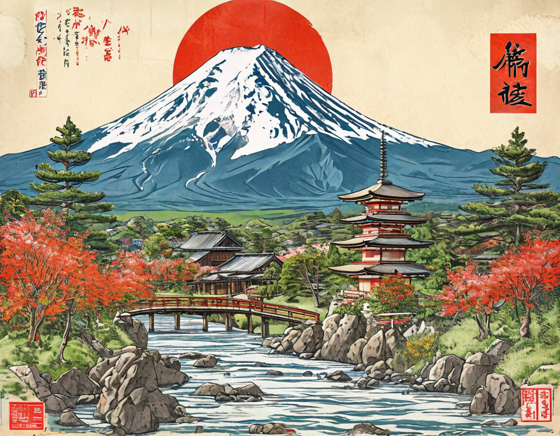 "Fujiyama Ink drawing in the style of Japanese painting of the Edo ...