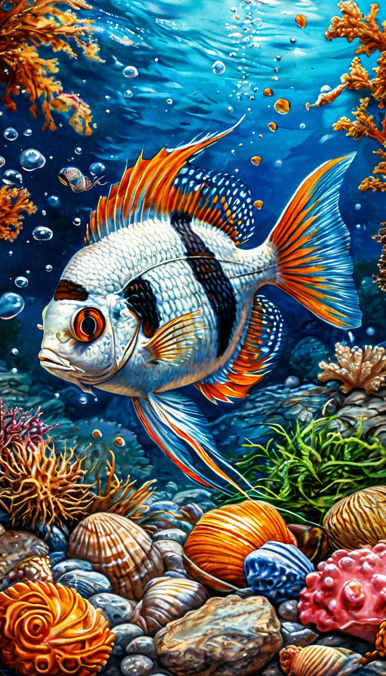 "Watercolor, Scalaria fish, in an aquarium, pebbles, shells, algae ...