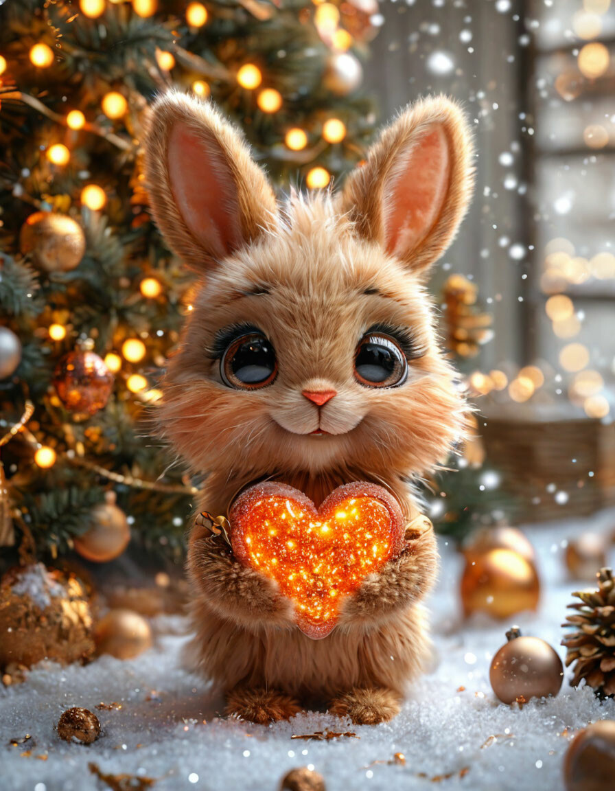 "New Year's fantasy, beige-peach fluffy cute smiling chibi rabbit with big …" — image created in ...