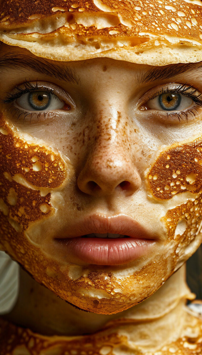 "A face with the texture of pancakes" — image created in Shedevrum