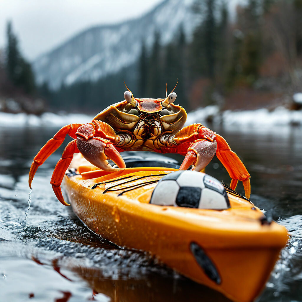 "A crab rowing in a kayak in winter and stuffing a soccer ball" — image ...