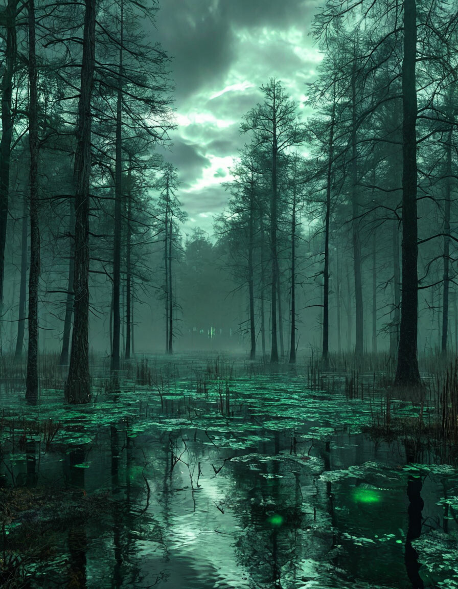 "Old swamps, rare thin trees, night, ominous fog, green lights glow ...