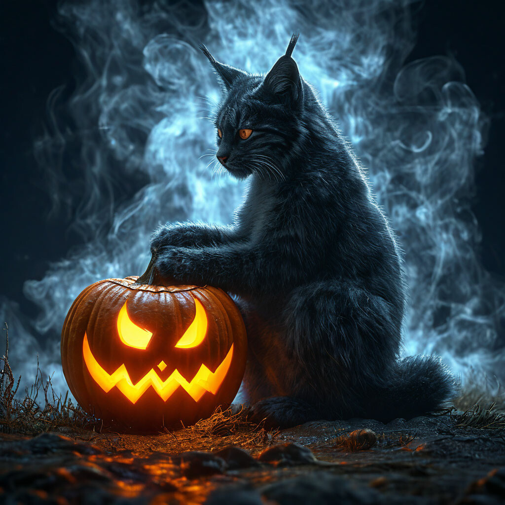 ""Halloween" side view, a large black lynx ghost sits and takes out ...