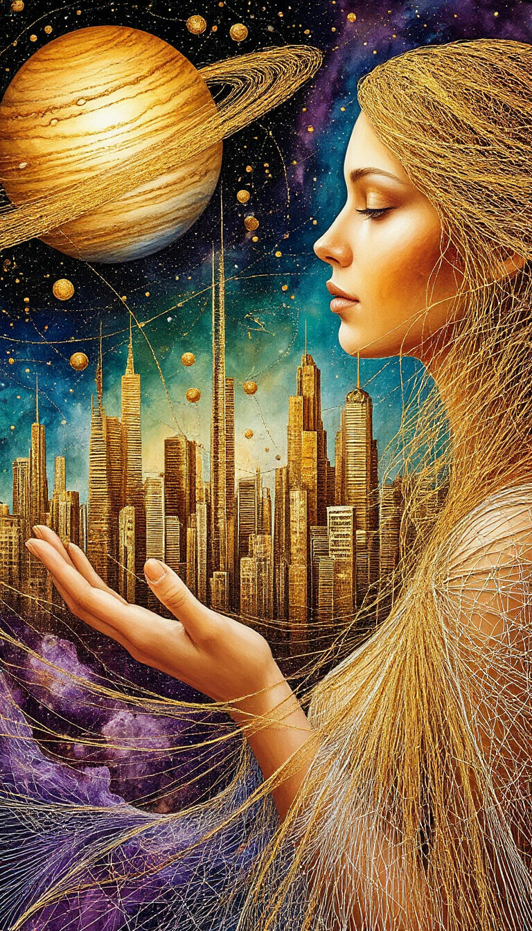 "City, planets, nebula, string art, golden veil, woman, hand, dynamics ...