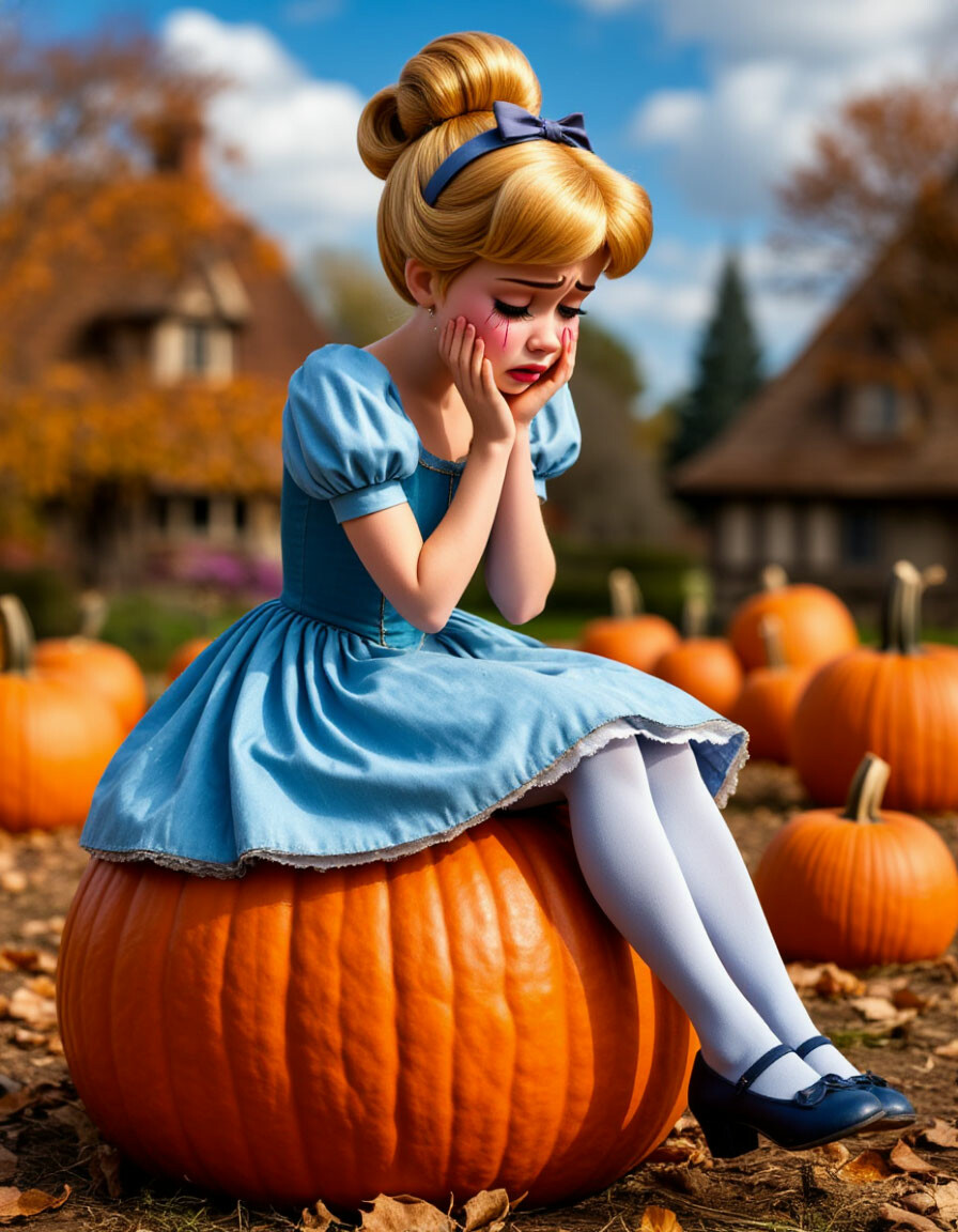 "Cinderella is crying sitting on a pumpkin" — image created in Shedevrum