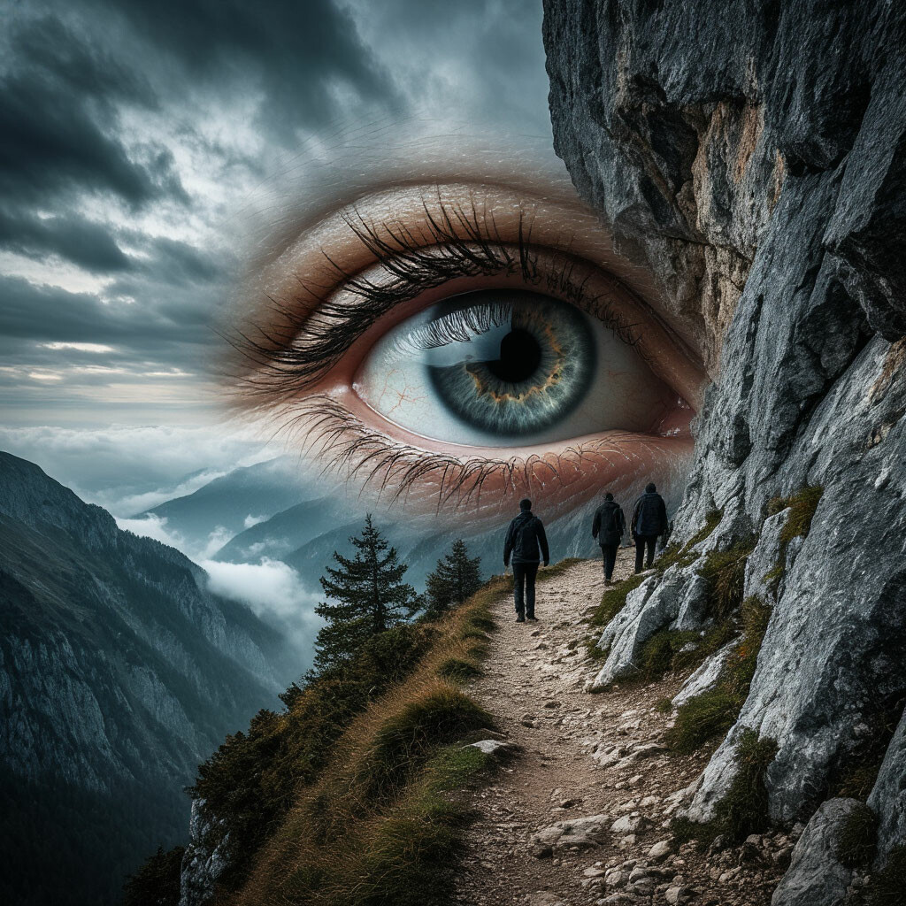 "Giant eye in cliff, eyelash rock detail, foggy mountain path, walking figures, surreal scale ...