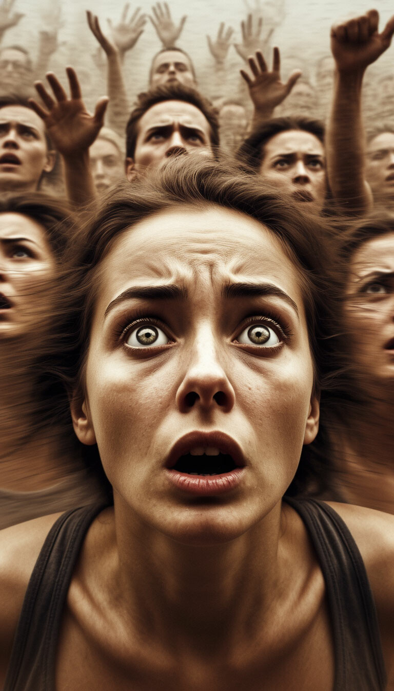 "A bunch of people are running,faces, hands, huge eyes looking up ...