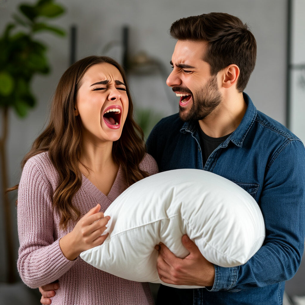 "A beautiful young woman screams hysterically, next to her a man holds a pillow in his hands ...