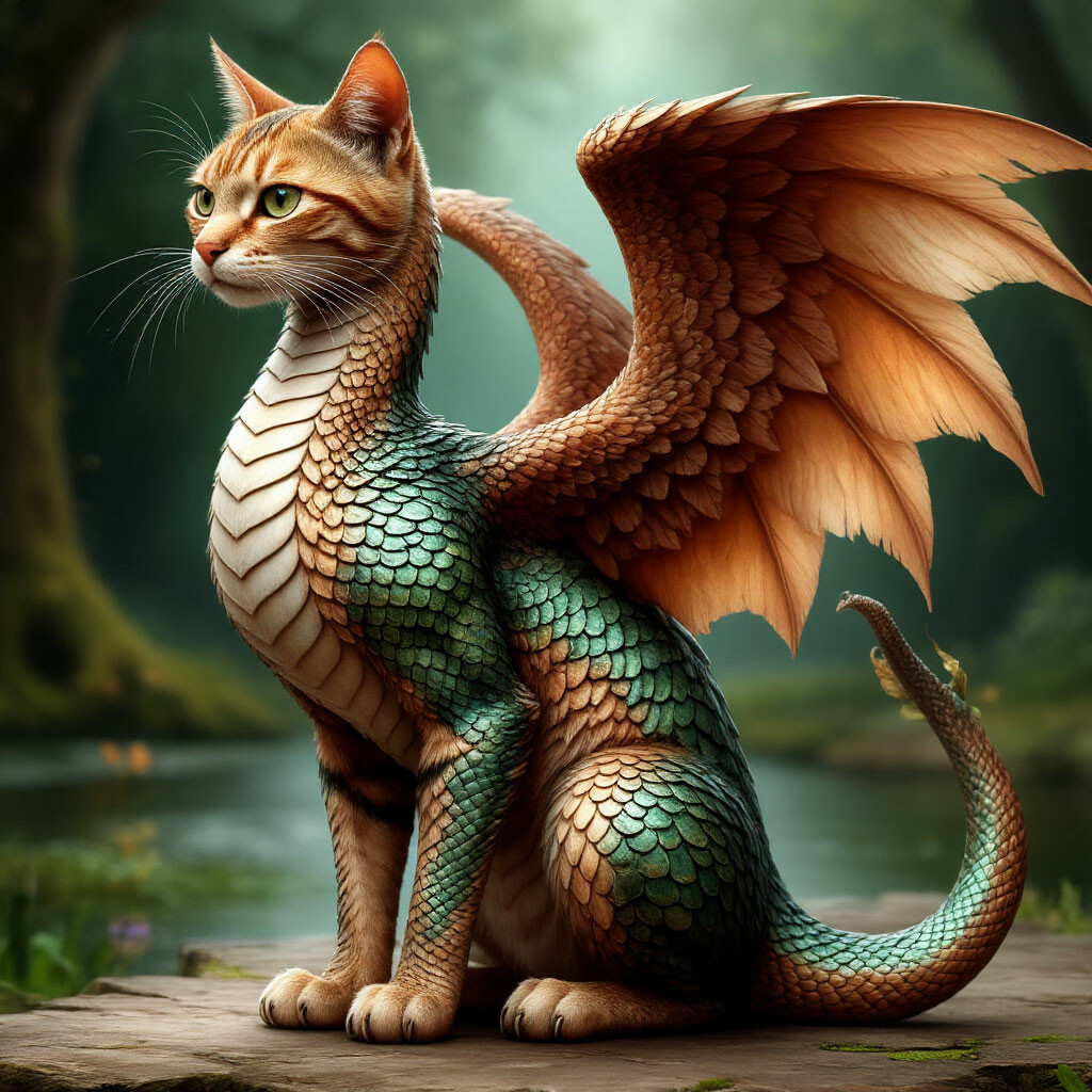 "An anthropomorphic animal with the body of a cat, the tail of a snake ...