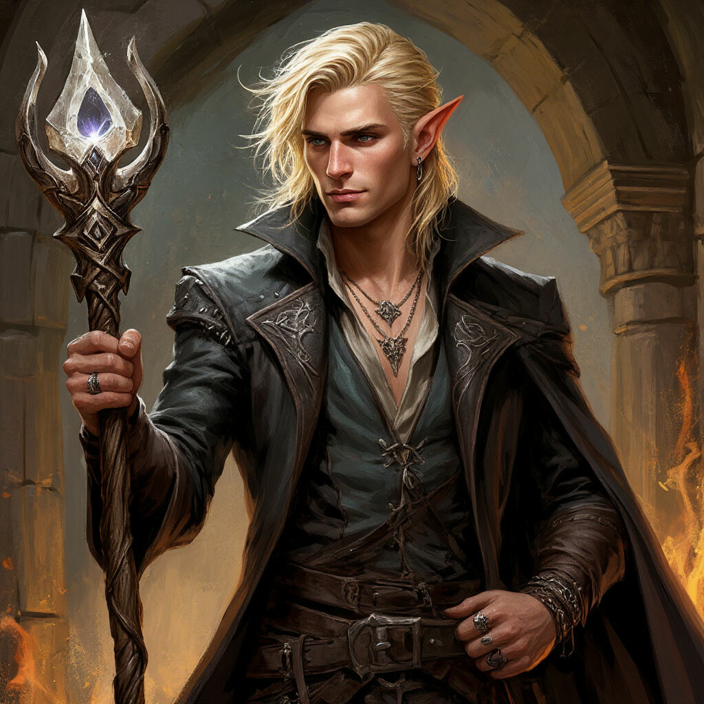 "Dark fantasy, Dungeons and Dragons, half-elf, blonde hair, rocker ...