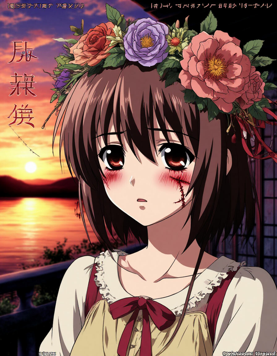 Clannad visual novel, calligraphic hieroglyphics overlay, sad and ...