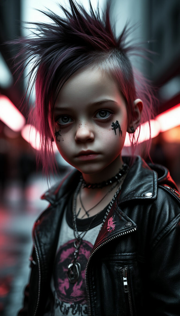 "Cinematic punk portrait girl 10 yo with moody atmosphere and playful ...