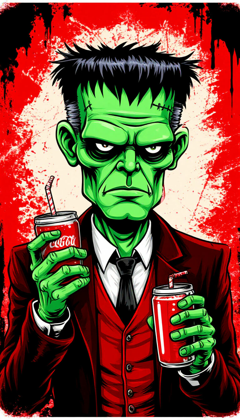 "Frankenstein. emo drawing cartoon. with soda" — image created in Shedevrum