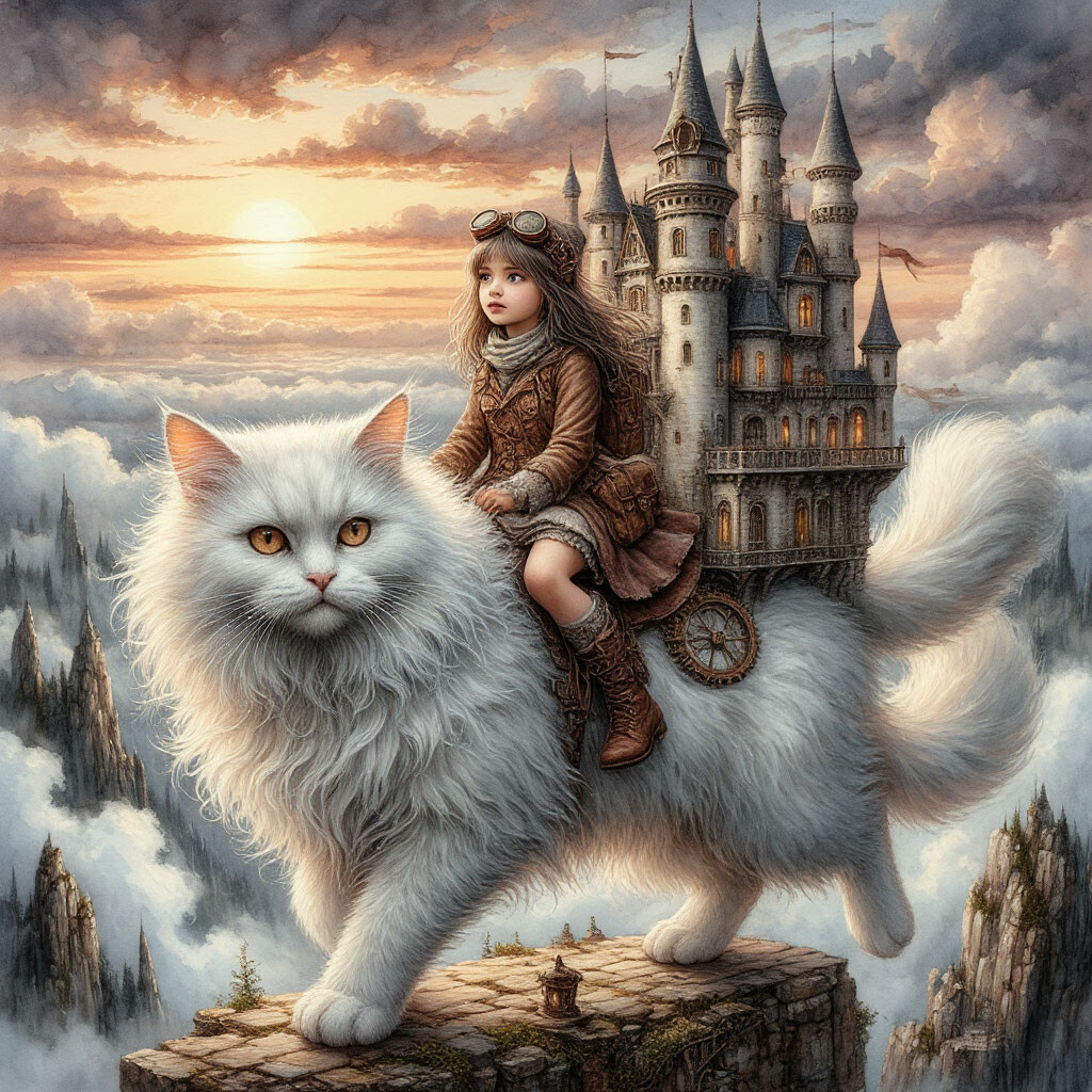 "🗝️ A castle in the air, dawn, fog, a girl riding a huge fluffy white ...