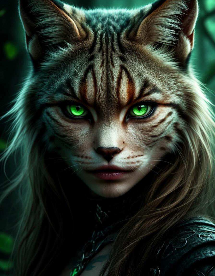 "Fantasy metamorph,furson symbiosis woman+lynx+vampire, facial focus ...