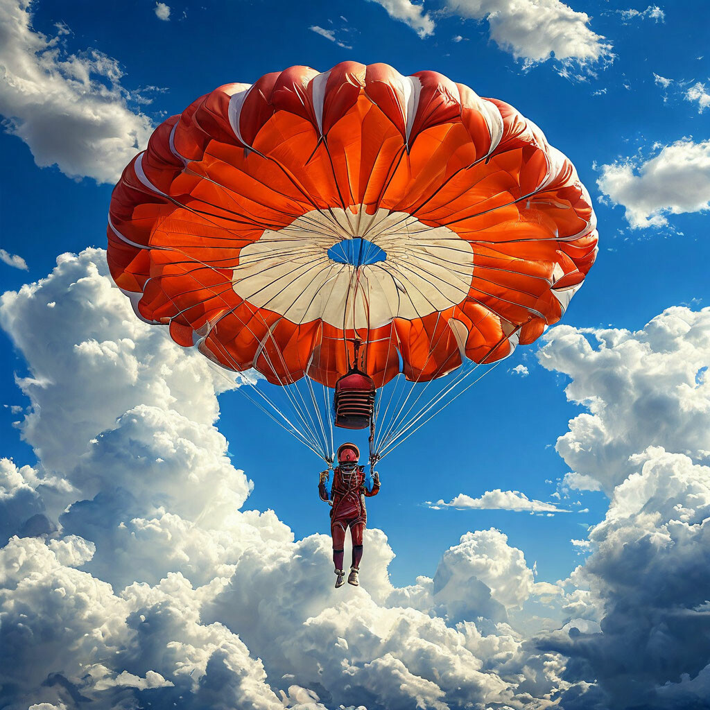 "Huge futuristic figure of lily flying with a sports parachute, against ...