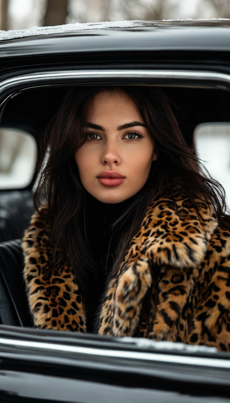 "A woman with dark hair and beautiful Russian eyes, dressed in a leopard print fur coat, sitting ...