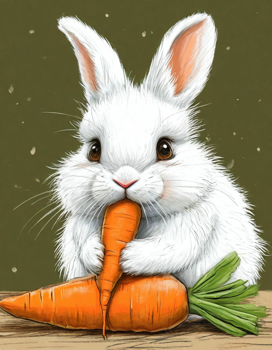 " Cute, fluffy white rabbit Nibbles a carrot pencil drawing, cute one ...