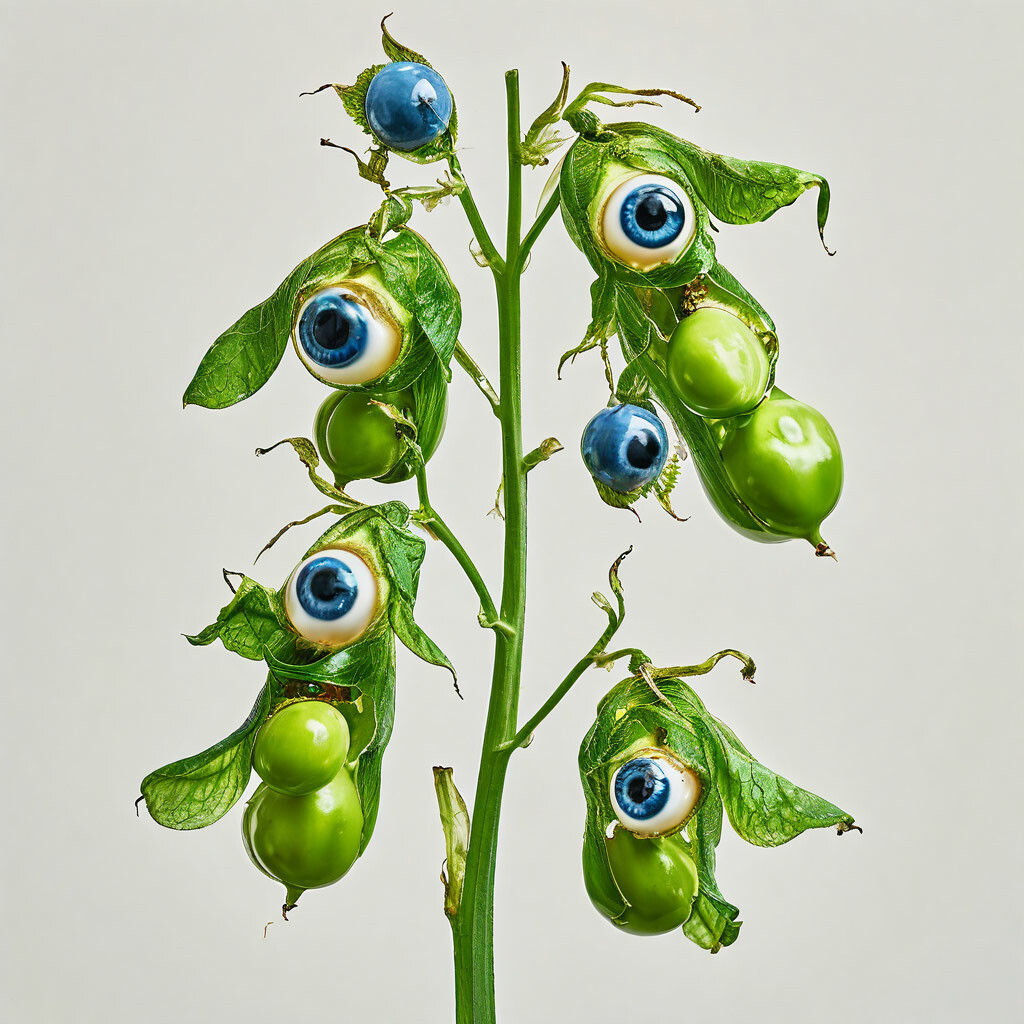 "A sprig of peas with three pods, they burst and several blue eyeballs ...