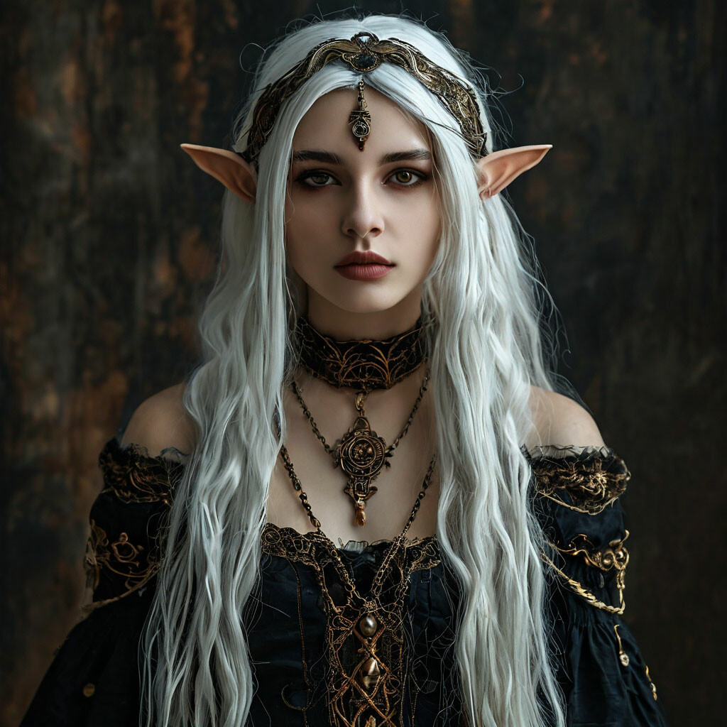 "Elf witch girl, white loose hair, …" — image created in Shedevrum