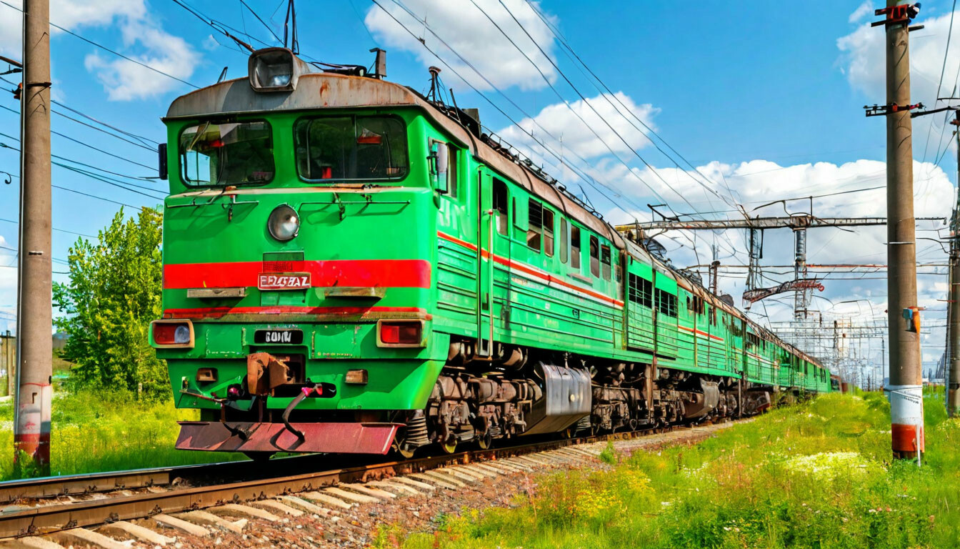 "New, green freight train, Russian …" — image created in Shedevrum