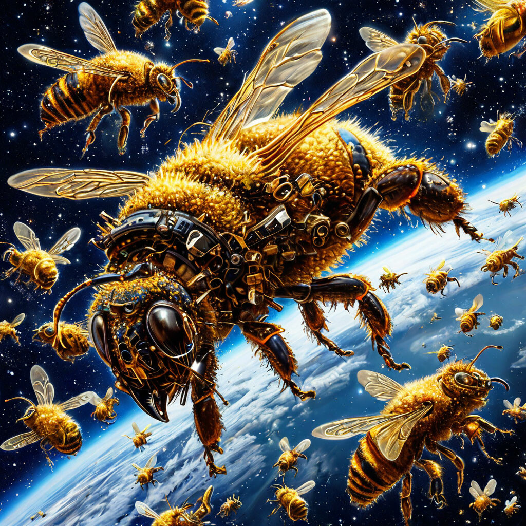 "A technological hive of space bees in…" — image created in Shedevrum