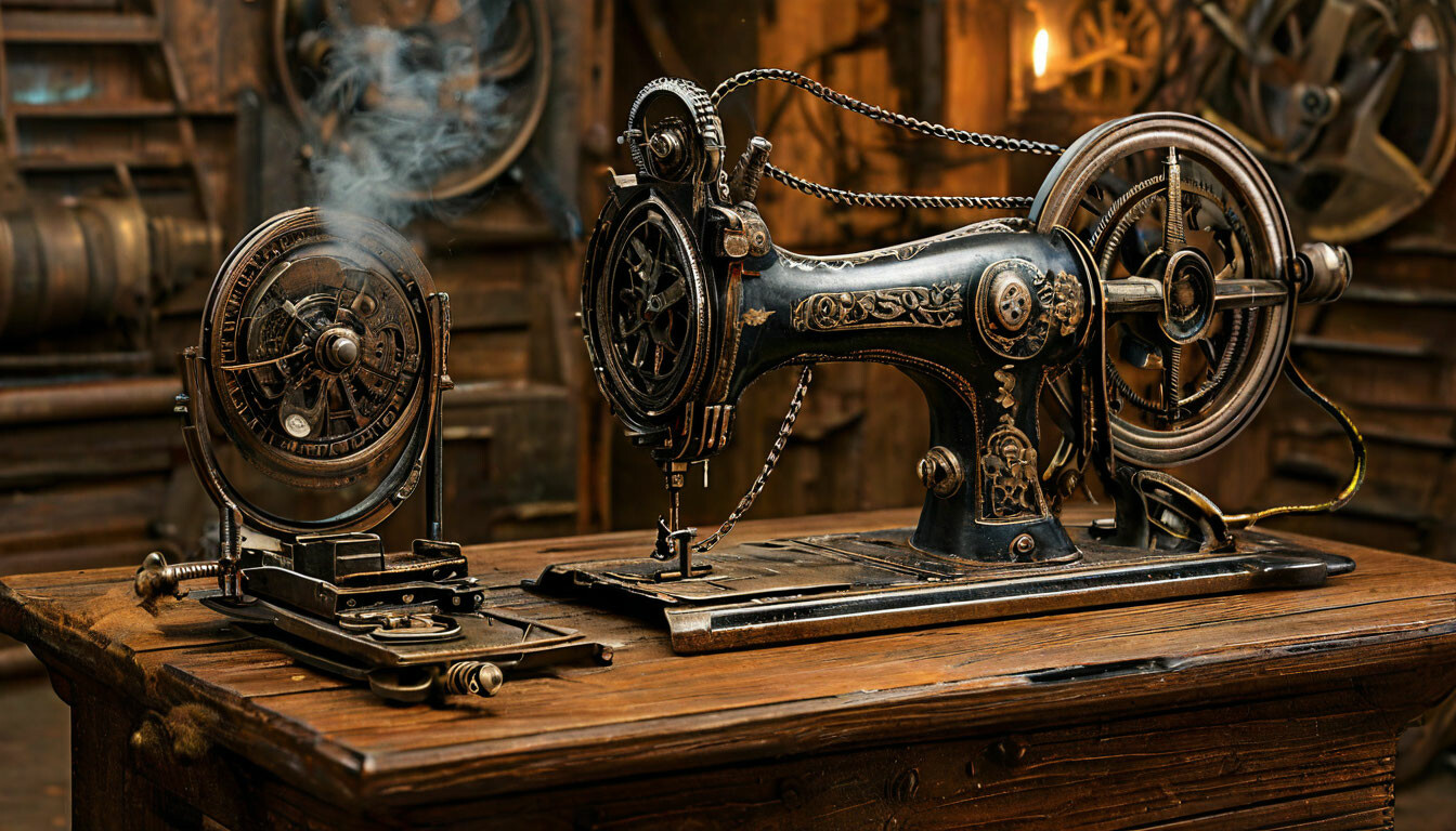 "A hybrid of a sewing machine and an astrolabe is on the table, a ...