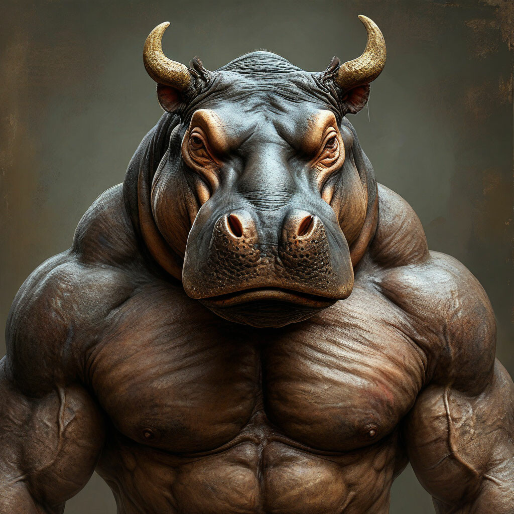 "A beefy man with the head of a hippopotamus with horns and a bare ...