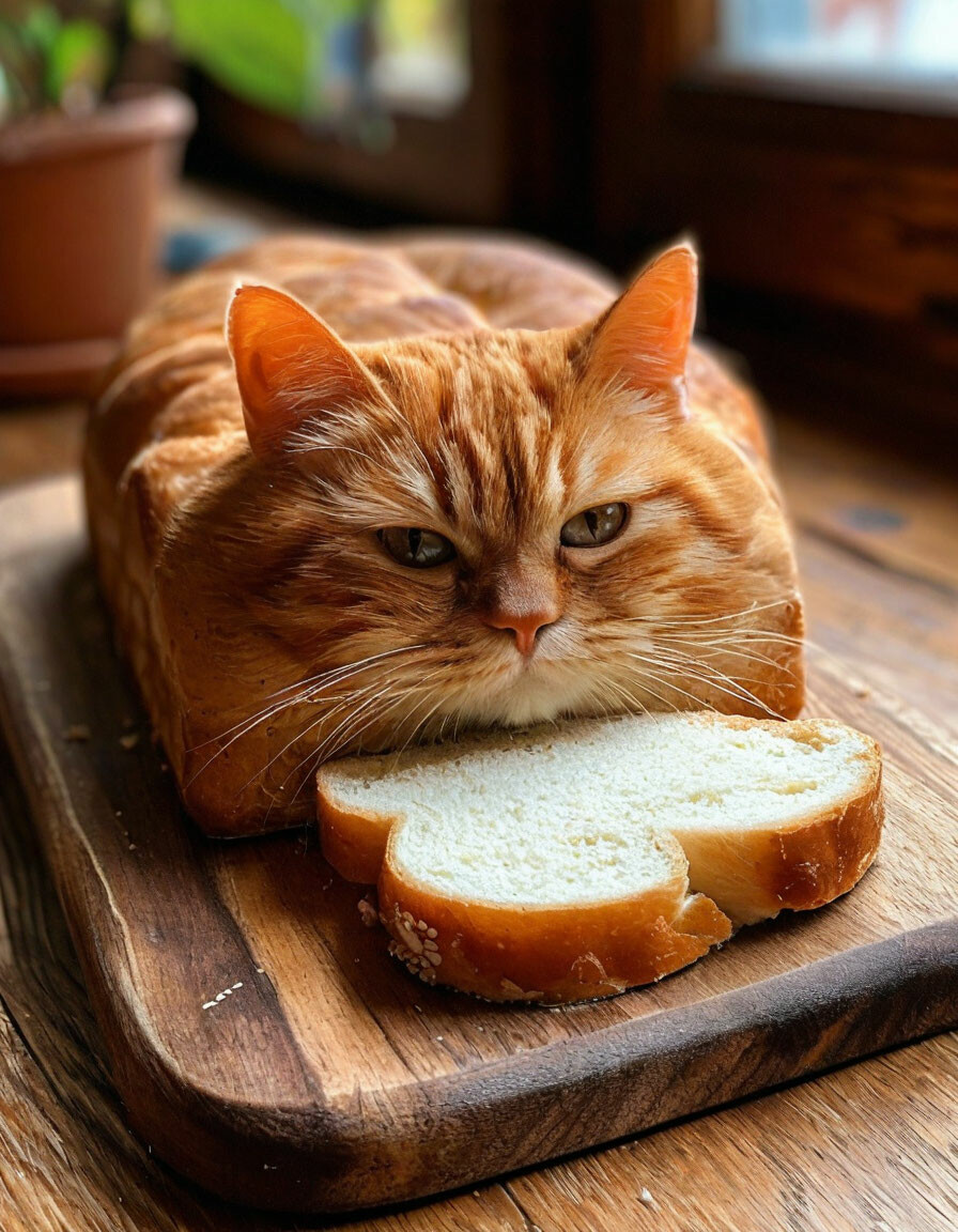 "Koto loaf, a hybrid of a sliced loaf and a red cat, a loaf with a cat ...