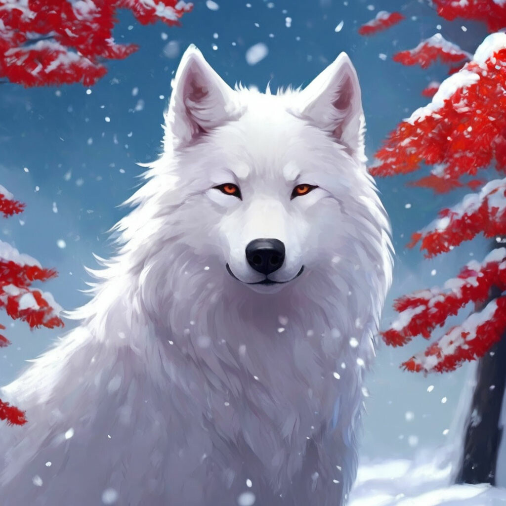 ". A very beautiful white wolf with fluffy fluffy fur sits among a red ...