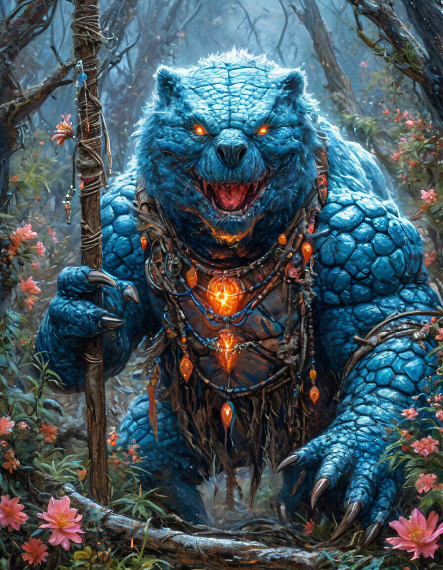 "Blue neon turtle among plants and flowers, hyperdetalization The beast ...