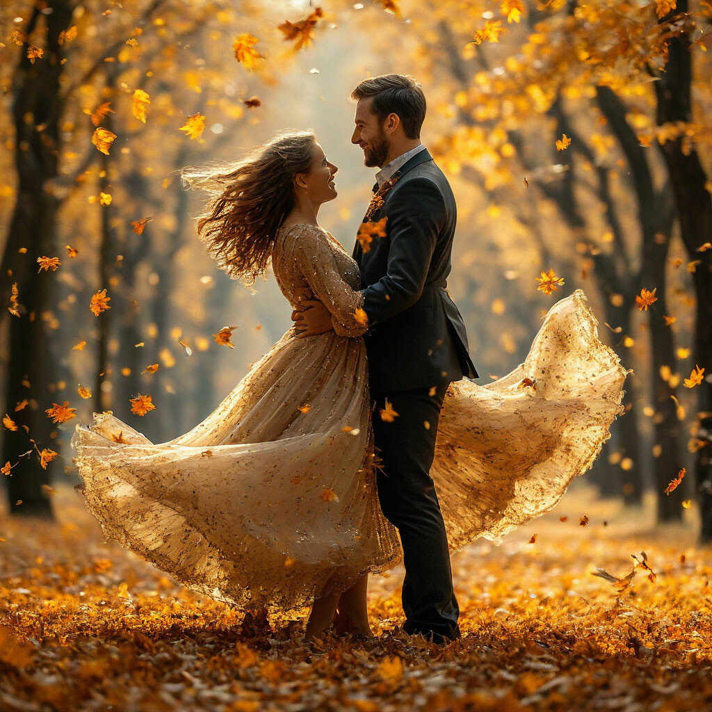 "Autumn, a couple spinning in a dance, falling leaves, UHD" — image ...
