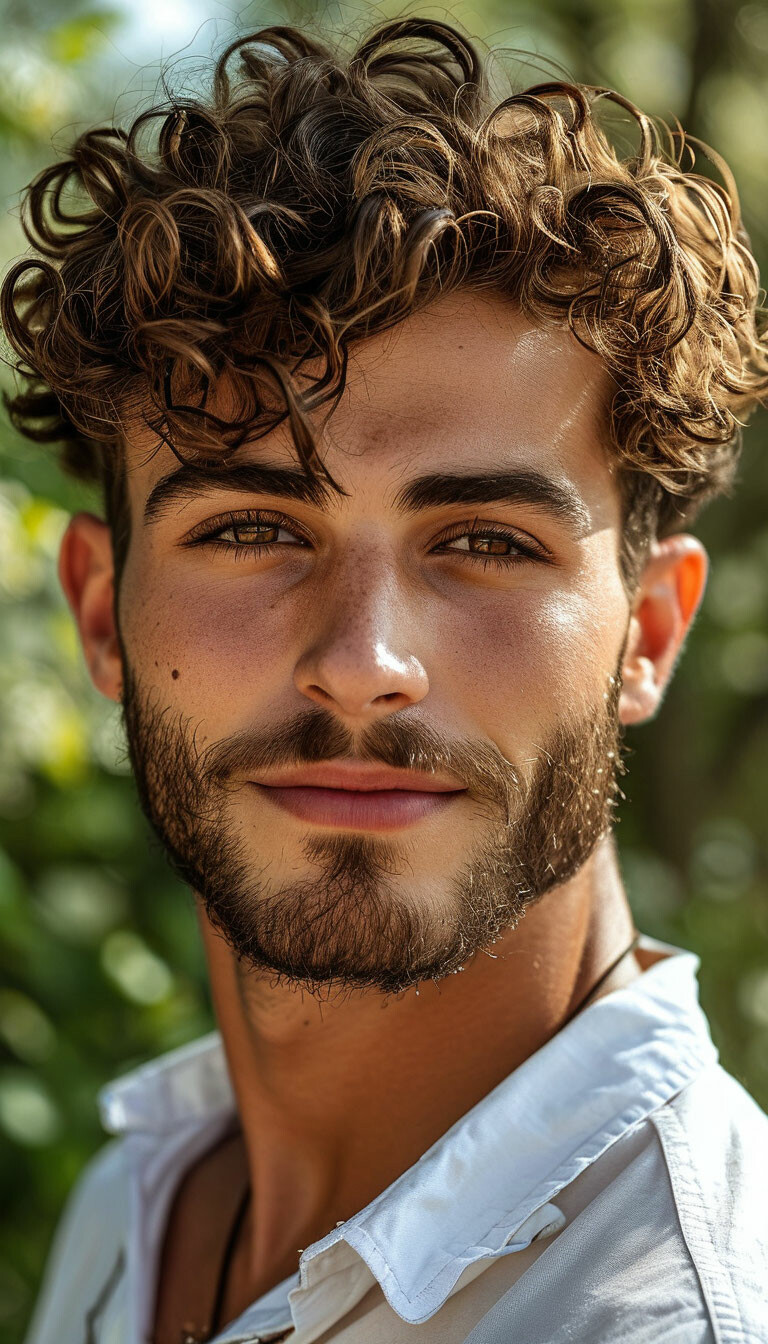 the guy has short curly brown hair, a fashionable haircut, disheveled ...