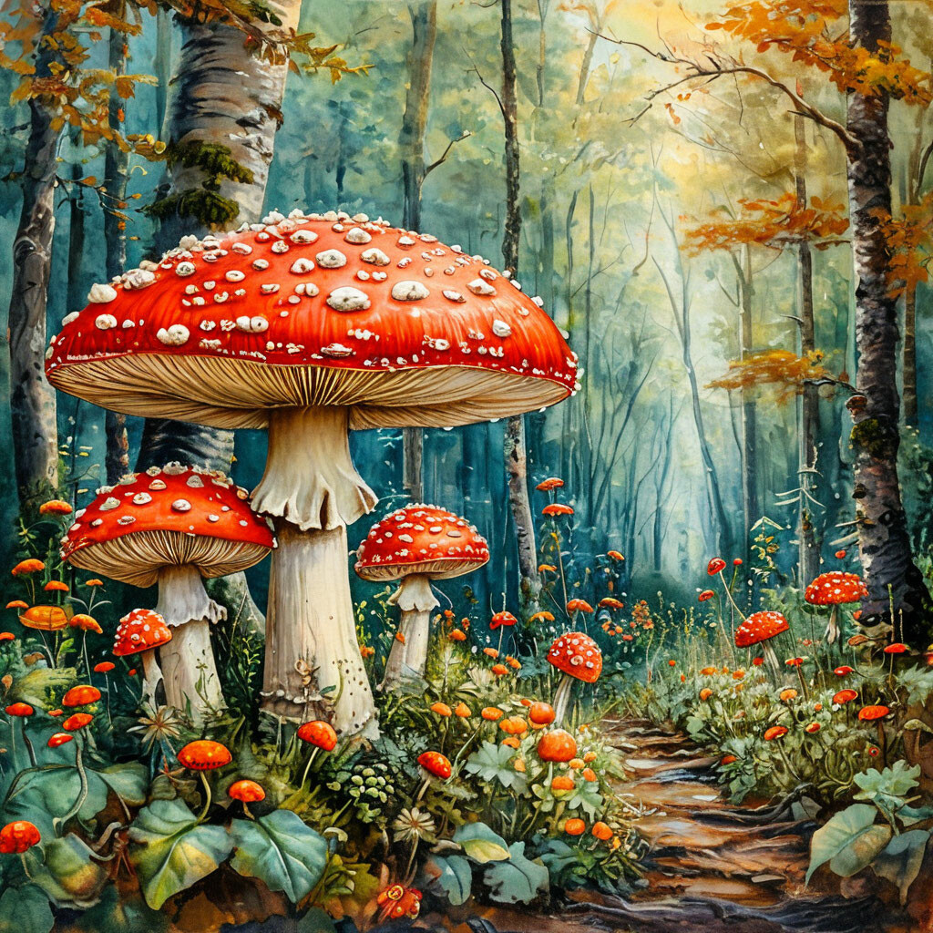 "Fly agaric, forest background, bright colors, watercolor, lightness ...