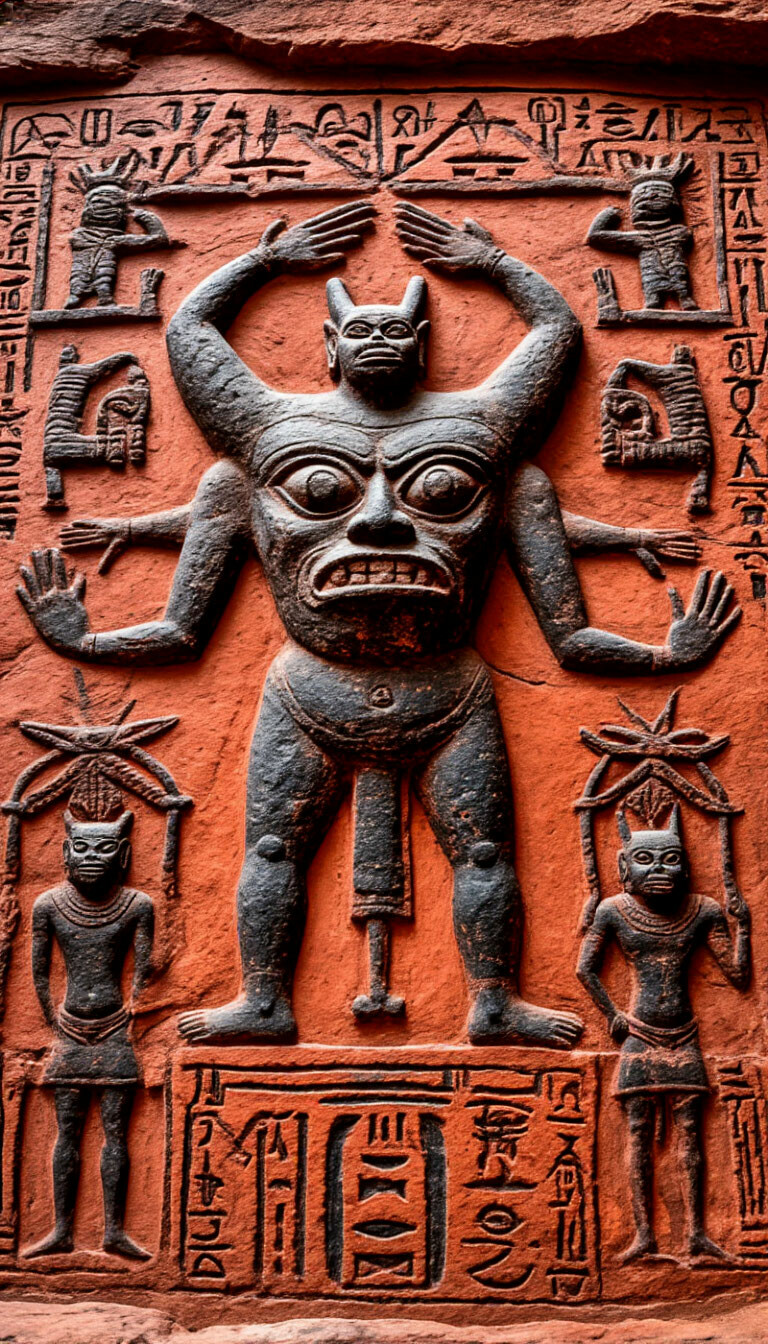 "Many demons, one big demon in the middle, primitive rock art, red mist ...
