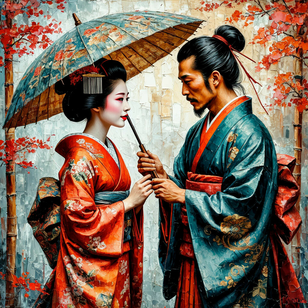 «🐳Geisha with an umbrella talks to …» — картинка создана в Шедевруме