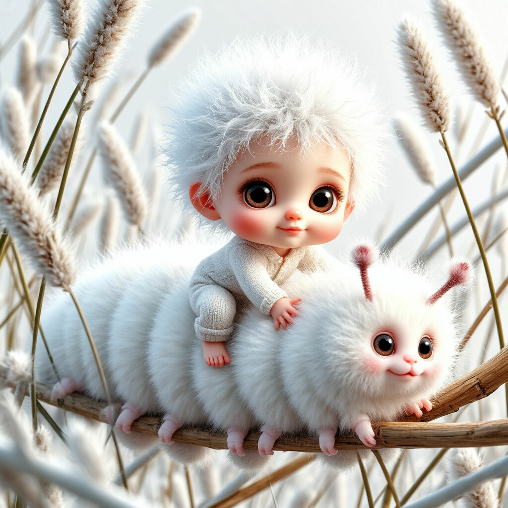"Fluffy white baby boy chibi riding on a white caterpillar, reeds ...